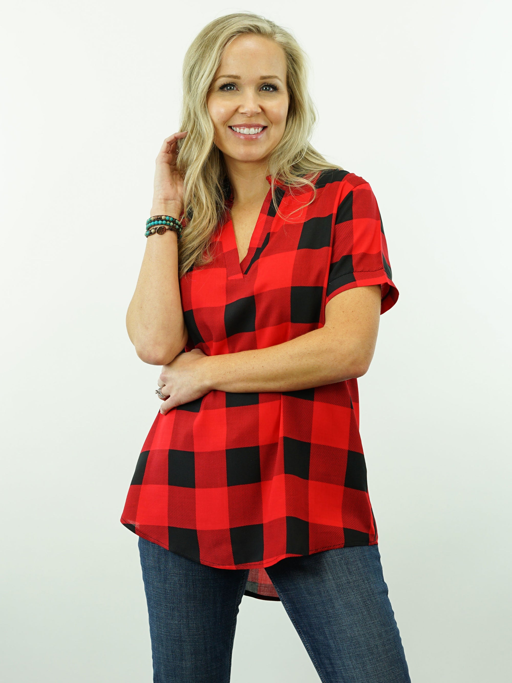 Cheyenne - Red Plaid, V-Neck, Top